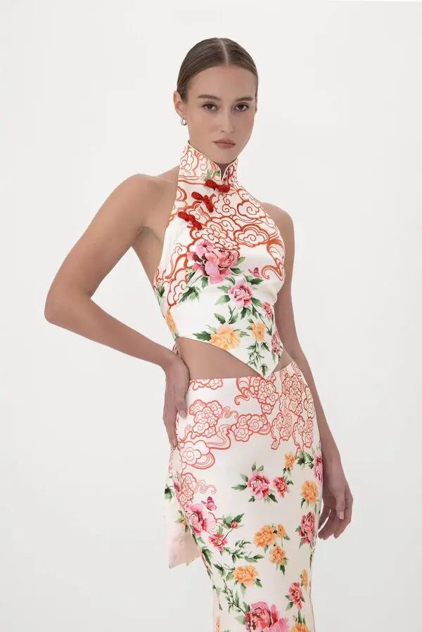 SAU LEE Fiora Peony & Clouds Print Satin Scarf Top