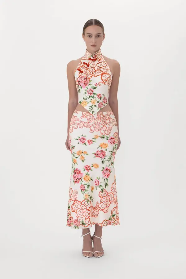 SAU LEE Fiora Peony & Clouds Print Satin Scarf Top
