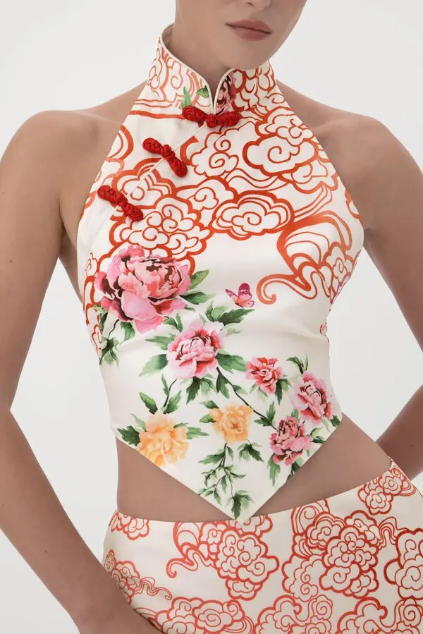 SAU LEE Fiora Peony & Clouds Print Satin Scarf Top