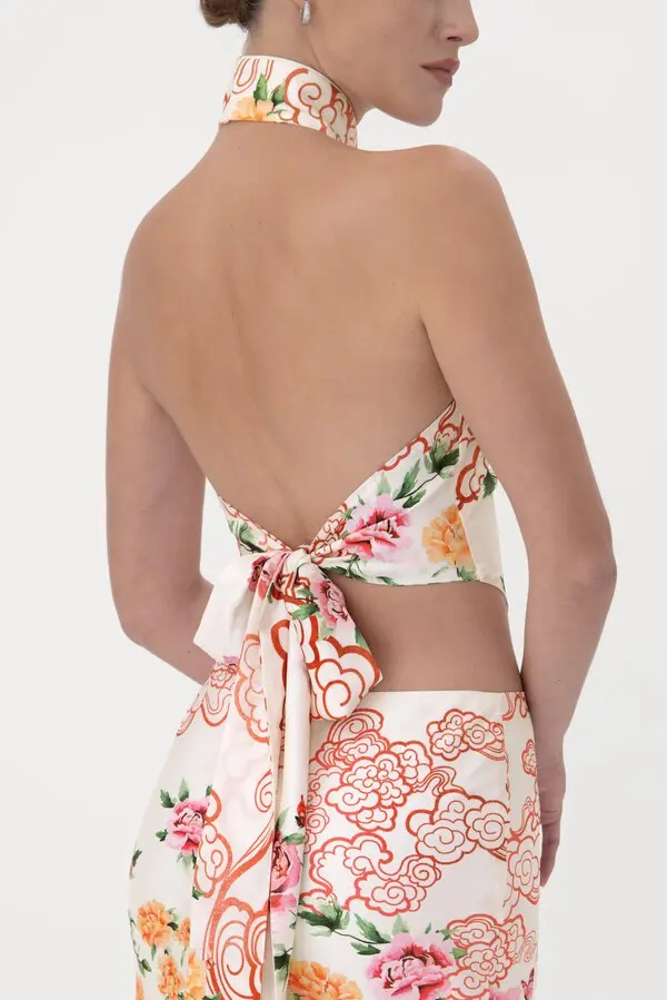 SAU LEE Fiora Peony & Clouds Print Satin Scarf Top
