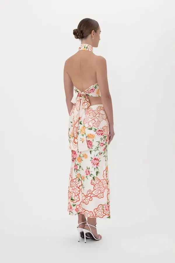SAU LEE Fiora Peony & Clouds Print Satin Scarf Top