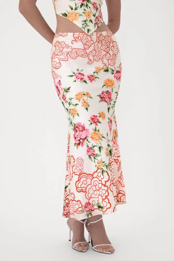 SAU LEE Fiora Printed Satin Midi Skirt