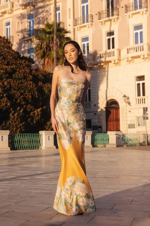 SAU LEE Hesper Strapless Satin Gown With Floral Print