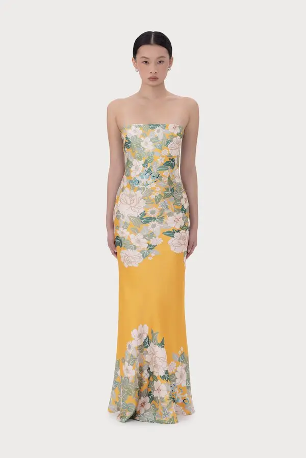 SAU LEE Hesper Strapless Satin Gown With Floral Print