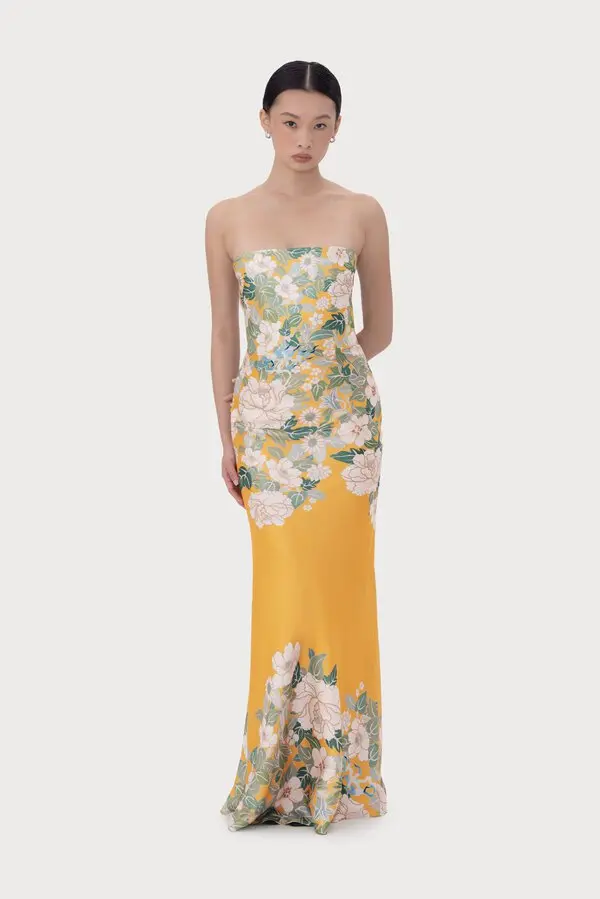 SAU LEE Hesper Strapless Satin Gown With Floral Print