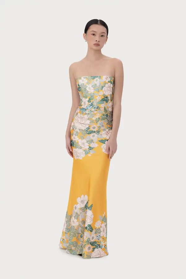 SAU LEE Hesper Strapless Satin Gown With Floral Print