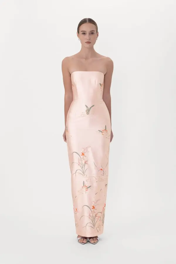 SAU LEE Ilsa Satin Gown With Embroidered Lily Print