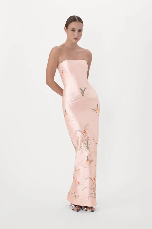 SAU LEE Ilsa Satin Gown With Embroidered Lily Print