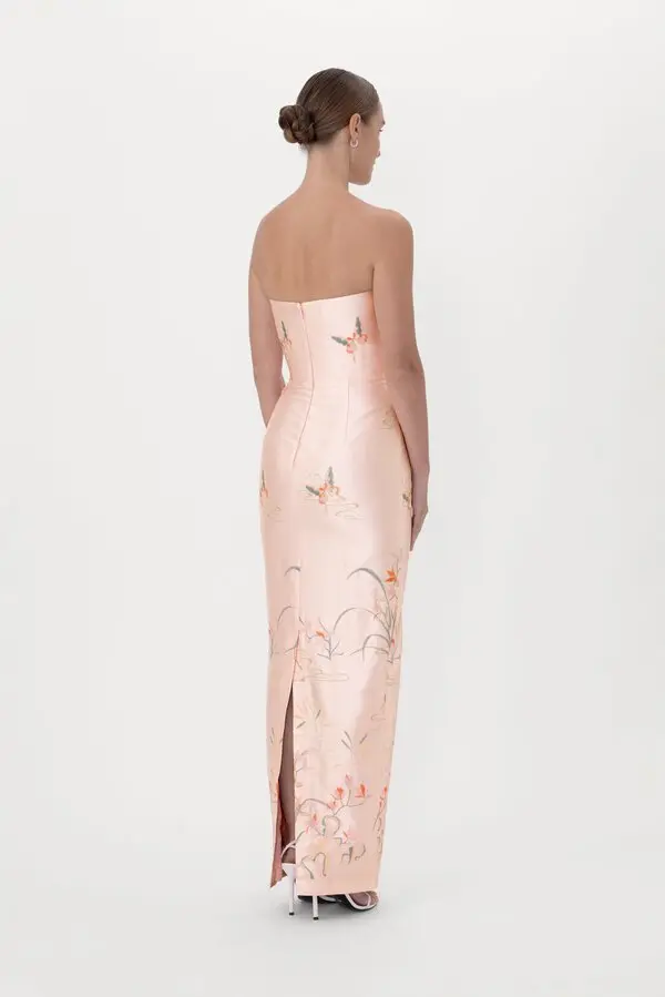 SAU LEE Ilsa Satin Gown With Embroidered Lily Print