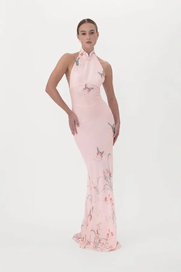 SAU LEE Nikita Embroidered Chiffon Halter Neck Maxi Dress