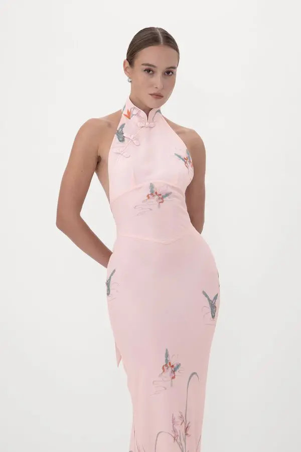 SAU LEE Nikita Embroidered Chiffon Halter Neck Maxi Dress