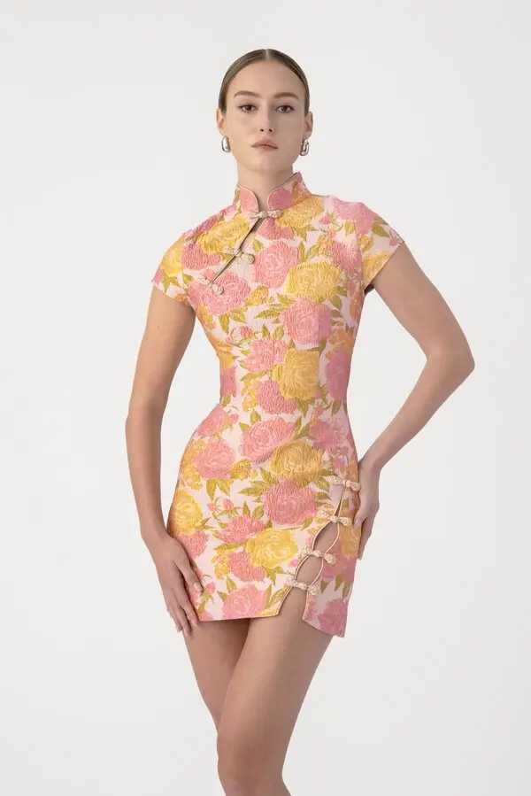 SAU LEE Jada Floral Jacquard Cheongsam Mini Dress - Pink Multi