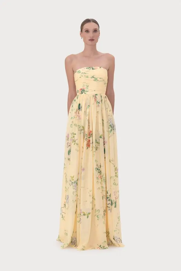 SAU LEE Camille Strapless Watercolour Floral Chiffon Maxi Dress - Soft Yellow