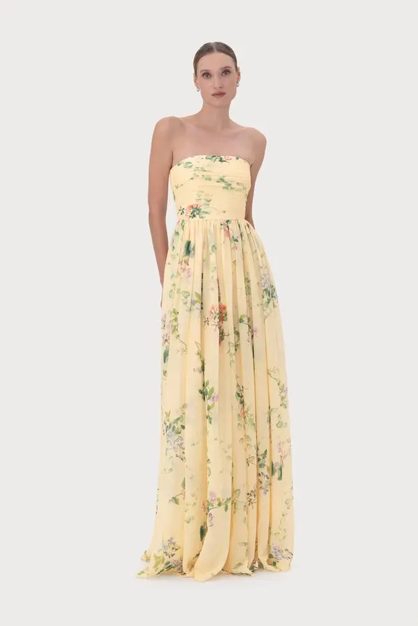 SAU LEE Camille Strapless Watercolour Floral Chiffon Maxi Dress - Soft Yellow