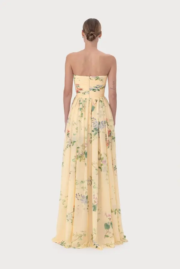 SAU LEE Camille Strapless Watercolour Floral Chiffon Maxi Dress - Soft Yellow