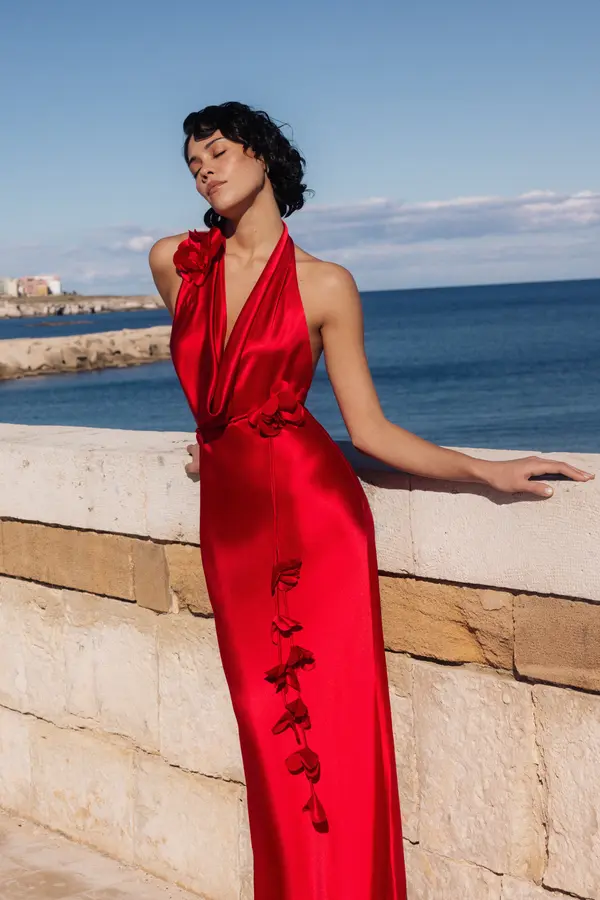 SAU LEE Delphine Satin Gown With Floral Appliqu - Red Chilli Pepper