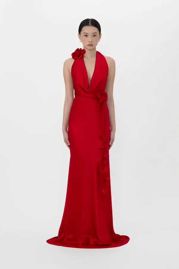 SAU LEE Delphine Satin Gown With Floral Appliqu - Red Chilli Pepper