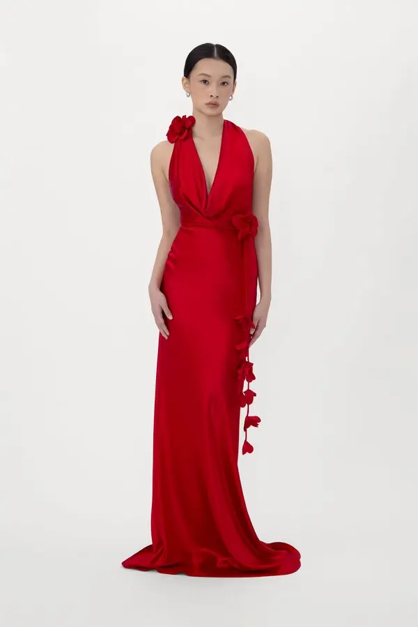 SAU LEE Delphine Satin Gown With Floral Appliqu - Red Chilli Pepper