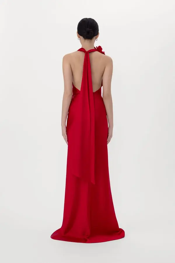 SAU LEE Delphine Satin Gown With Floral Appliqu - Red Chilli Pepper