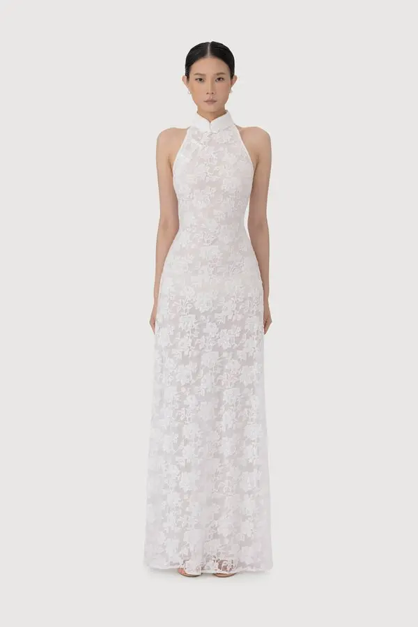 SAU LEE Gillian Lace Maxi Dress With Mandarin Collar - White