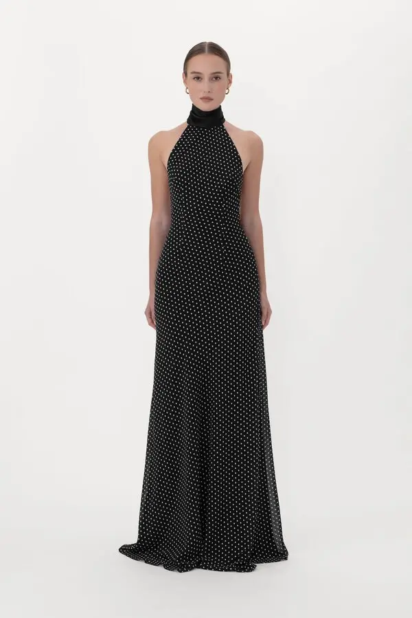 SAU LEE Tanya Polka Dot Chiffon Halterneck Maxi Dress
