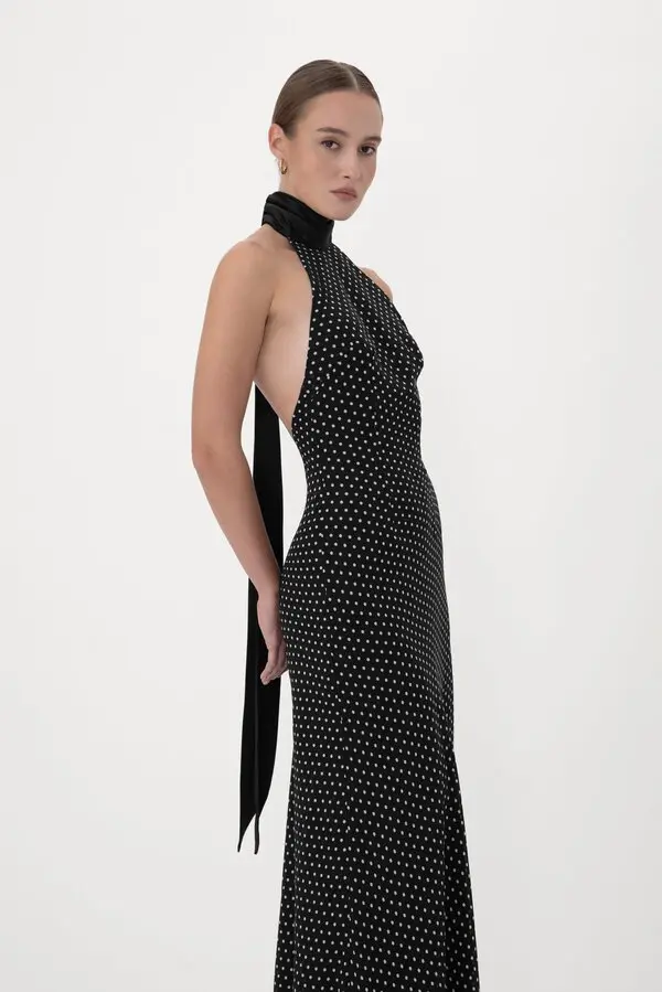 SAU LEE Tanya Polka Dot Chiffon Halterneck Maxi Dress