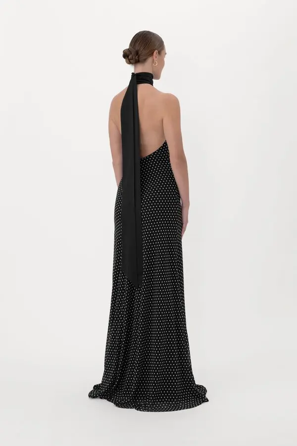 SAU LEE Tanya Polka Dot Chiffon Halterneck Maxi Dress