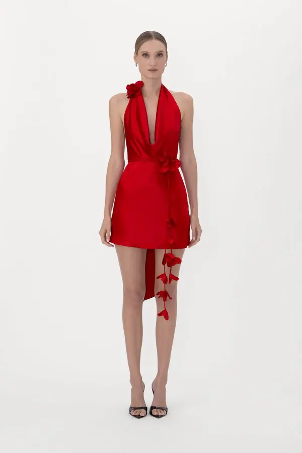 SAU LEE Isola Mini Dress With Floral Appliqués And Cascading Scarves - Red Chilli Pepper