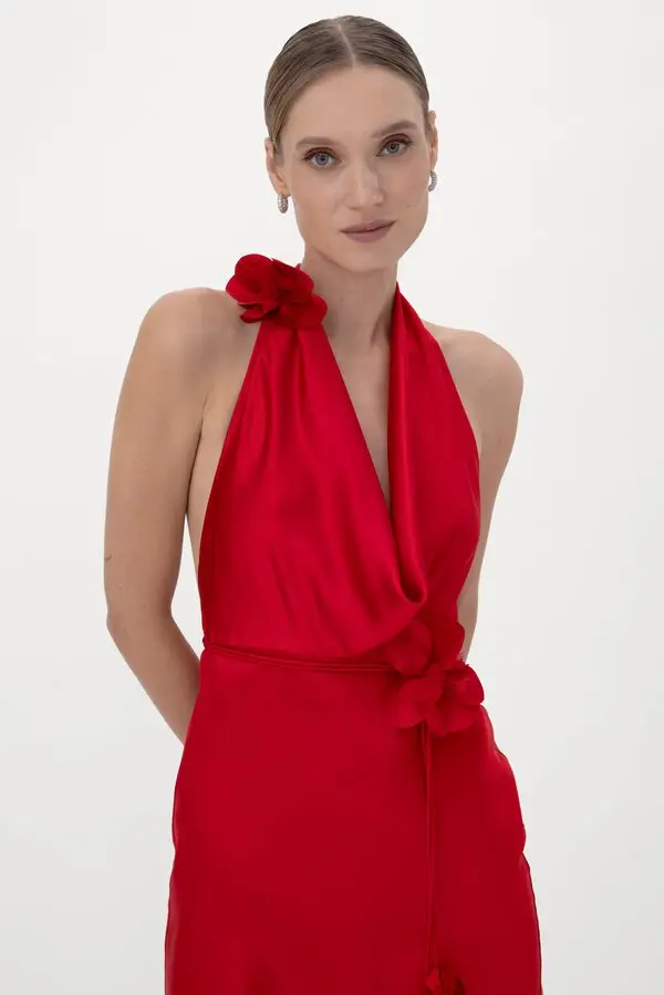 SAU LEE Isola Mini Dress With Floral Appliqués And Cascading Scarves - Red Chilli Pepper