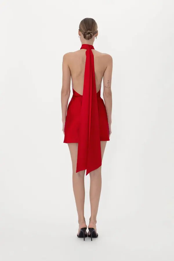 SAU LEE Isola Mini Dress With Floral Appliqués And Cascading Scarves - Red Chilli Pepper