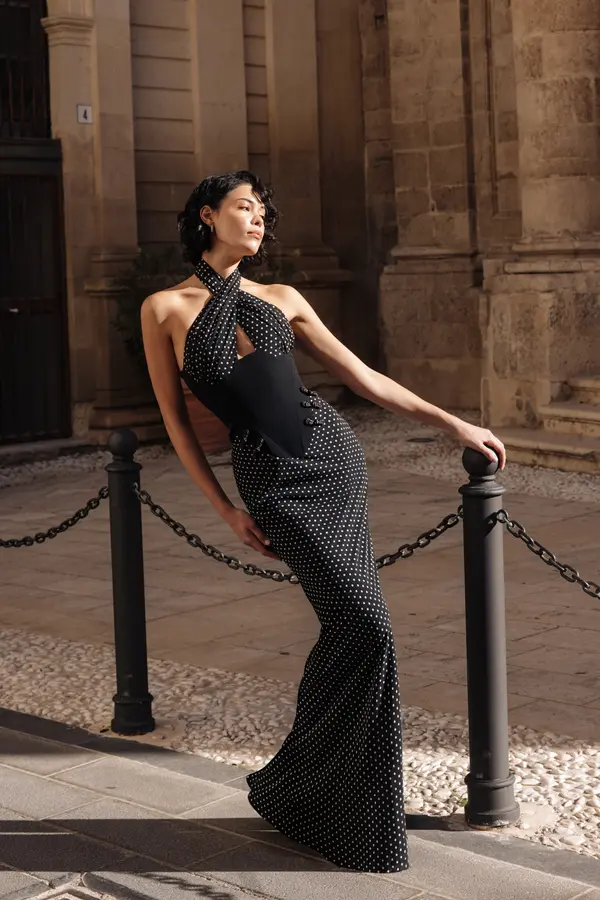 SAU LEE Tatiana Polka Dot Halterneck Gown With Structured Corset - Black
