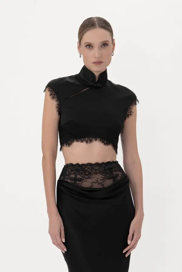 SAU LEE Lila Satin Cropped Top With Chantilly Lace Trim