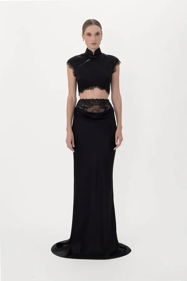 SAU LEE Lila Satin Cropped Top With Chantilly Lace Trim