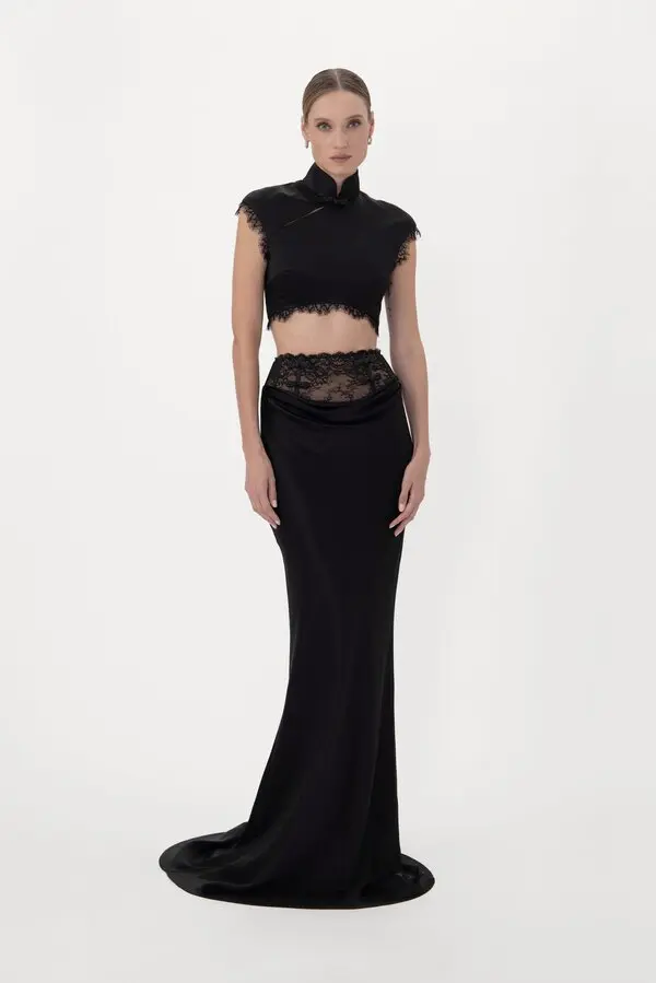 SAU LEE Lila Satin Cropped Top With Chantilly Lace Trim