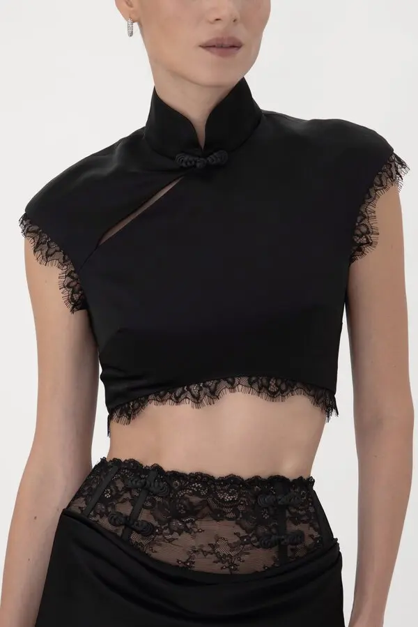 SAU LEE Lila Satin Cropped Top With Chantilly Lace Trim