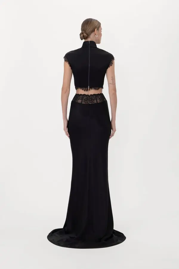 SAU LEE Lila Satin Cropped Top With Chantilly Lace Trim