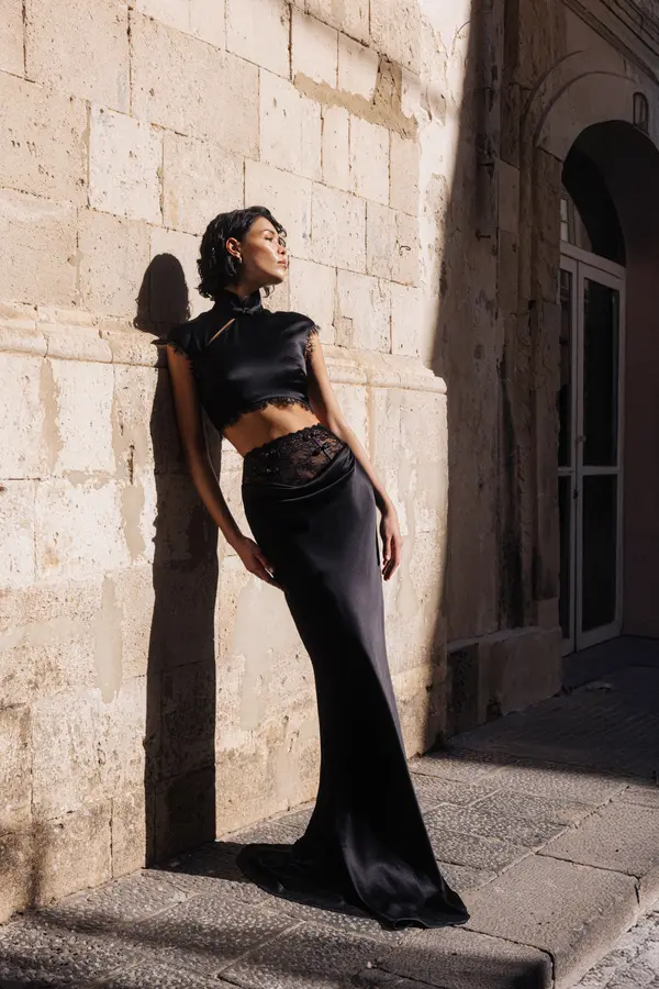 SAU LEE Lila Satin Cropped Top With Chantilly Lace Trim