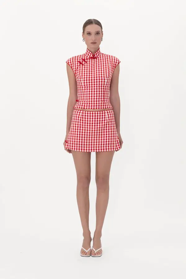 SAU LEE Zoe Top Checkered Cotton Mandarin Collar Blouse