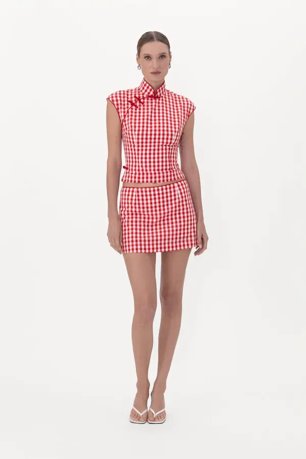SAU LEE Zoe Top Checkered Cotton Mandarin Collar Blouse