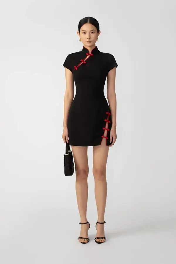 SAU LEE Isa Mini Dress With Mandarin Collar And Asymmetrical Slits