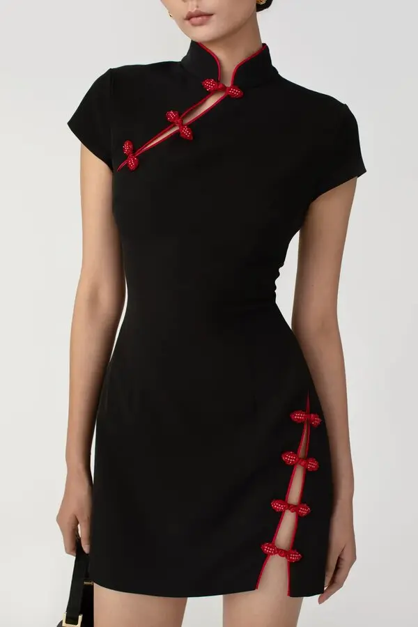 SAU LEE Isa Mini Dress With Mandarin Collar And Asymmetrical Slits
