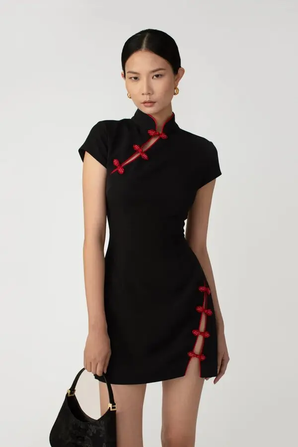 SAU LEE Isa Mini Dress With Mandarin Collar And Asymmetrical Slits