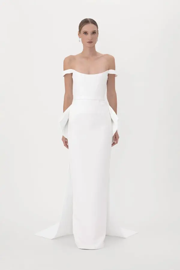 SAU LEE Stefania Satin Gown With Off-the-shoulder Silhouette And Detachable Bow Train