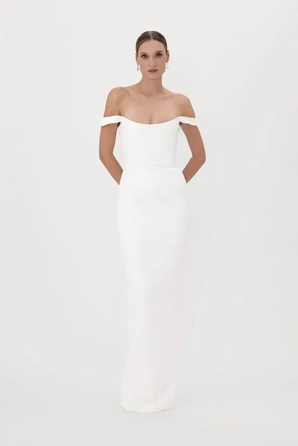SAU LEE Stefania Satin Gown With Off-the-shoulder Silhouette And Detachable Bow Train
