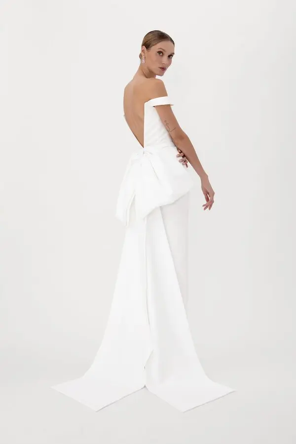 SAU LEE Stefania Satin Gown With Off-the-shoulder Silhouette And Detachable Bow Train