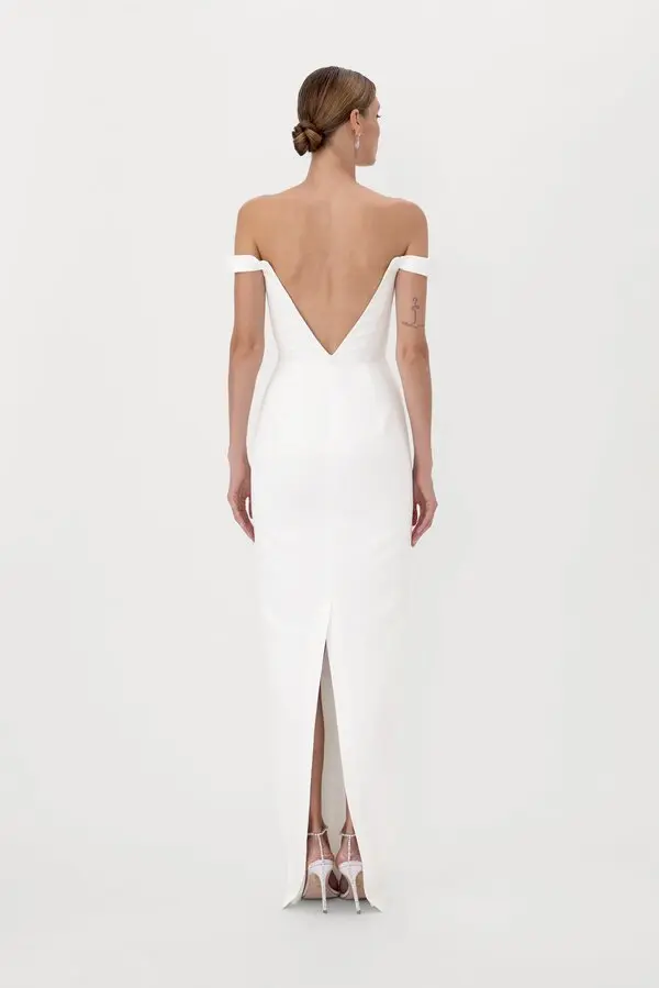 SAU LEE Stefania Satin Gown With Off-the-shoulder Silhouette And Detachable Bow Train
