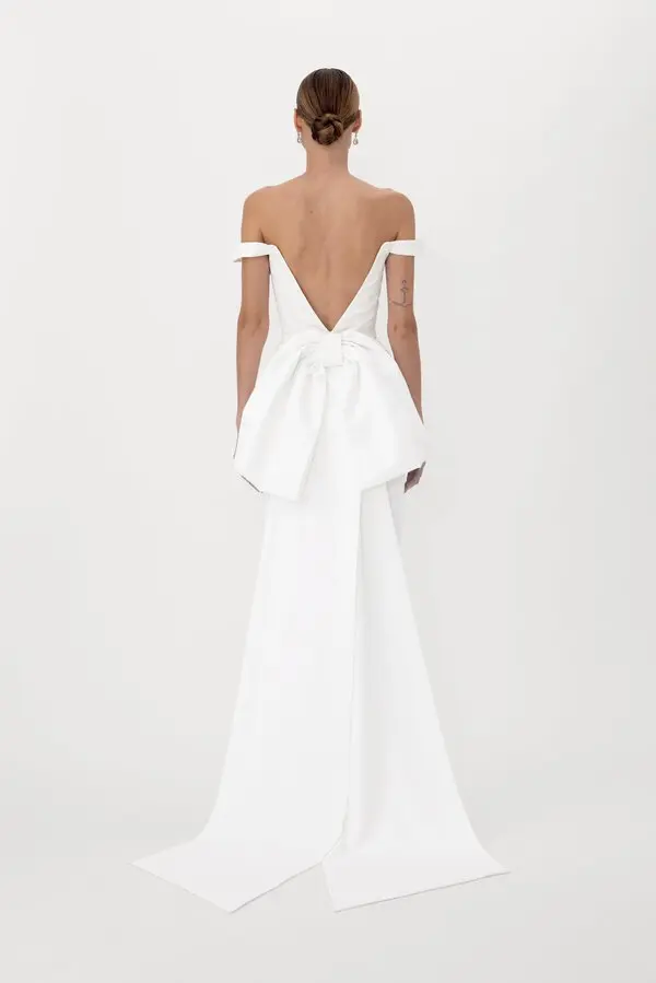SAU LEE Stefania Satin Gown With Off-the-shoulder Silhouette And Detachable Bow Train