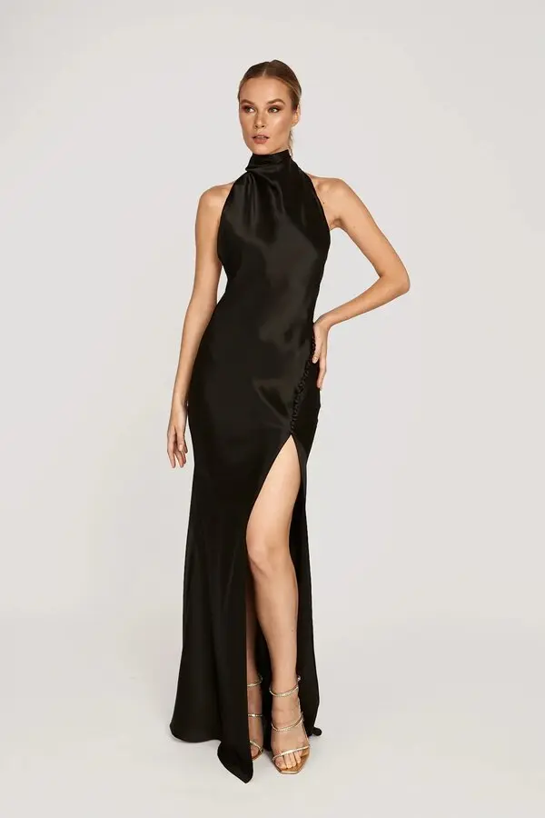 SAU LEE Penelope Backless Satin Gown - Black