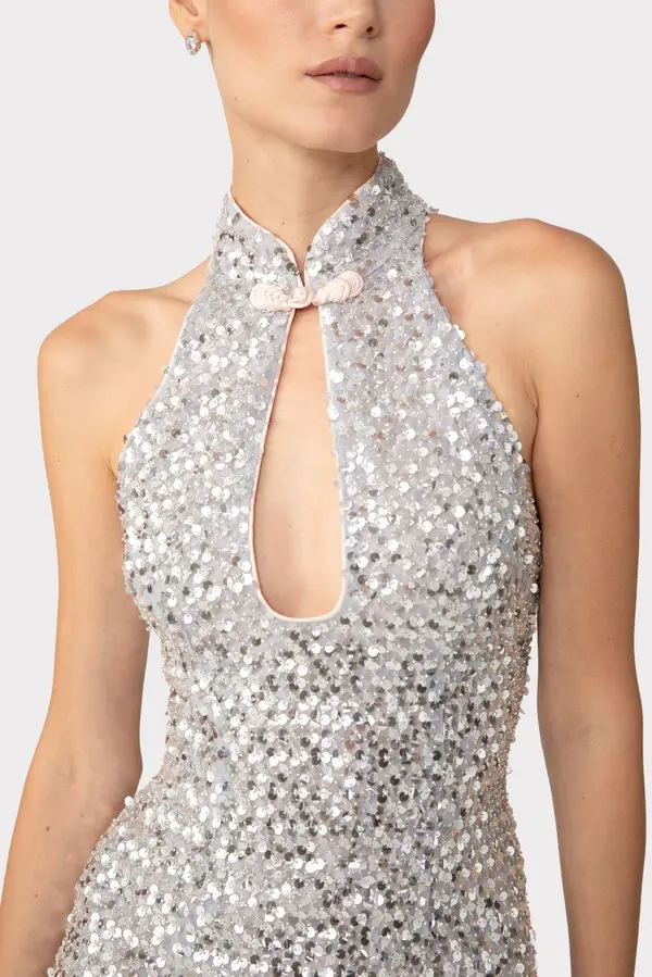 SAU LEE Jina Mini Dress Sequined Halterneck With Keyhole Detail