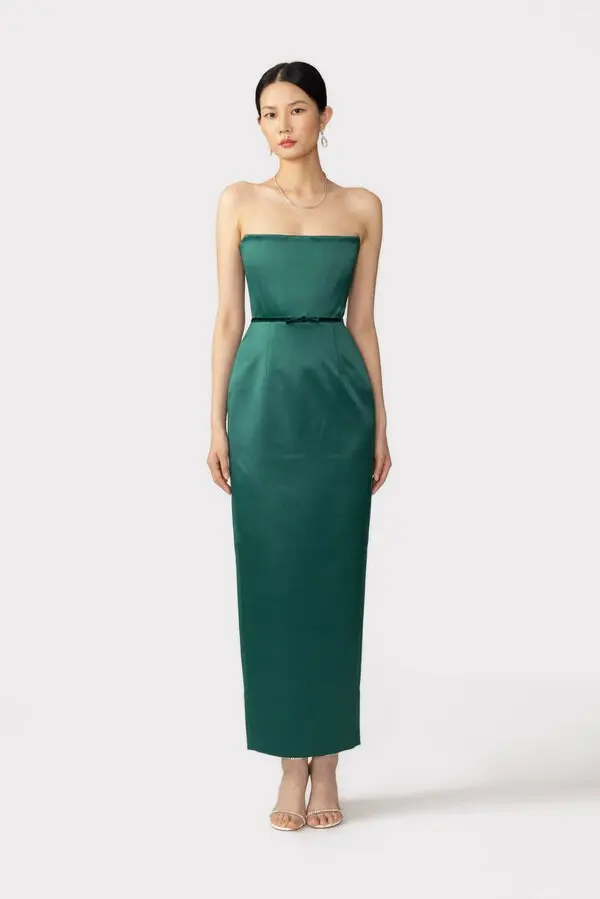 SAU LEE Taylor Satin Strapless Maxi Dress With Bow Detail